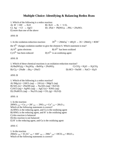 IDENTIFYING AND BALANCING REDOX REACTIONS Multiple Choice Grade 12 ...