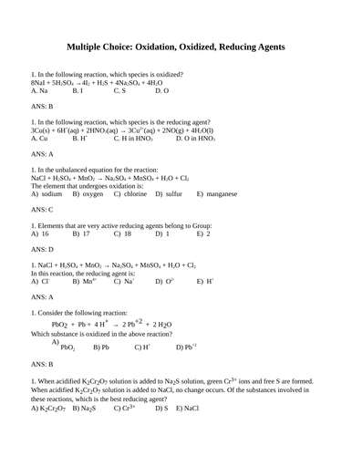 REDUCING AND OXIDIZING AGENTS, OXIDATION REDUCTION Multiple Choice ...