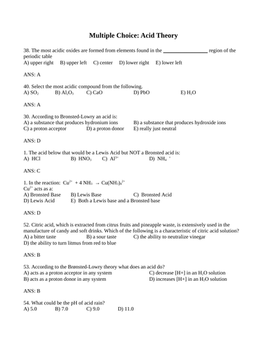 ACID THEORY Arrhenius Acid Bronsted Lowry Acids Multiple Choice Grade ...