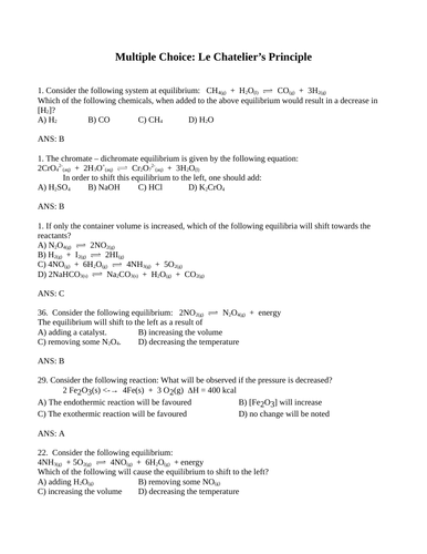 Le CHATELIER'S PRINCIPLE Multiple Choice Grade 12 Chemistry WITH ...