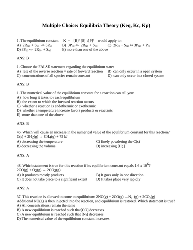 EQUILIBRIA THEORY Kc, Keq Multiple Choice Grade 12 Chemistry WITH ...