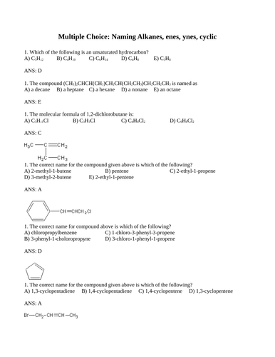 NAMING ALKANES, ALKENES, ALKYNES Multiple Choice Grade 12 Chemistry ...