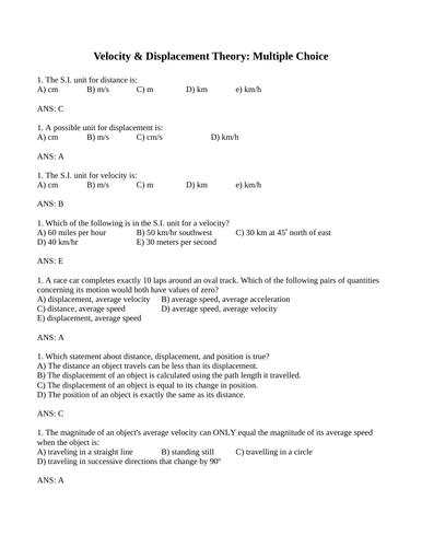 V=D/T, DISPLACEMENT, VELOCITY Multiple Choice Grade 11 Physics WITH ...