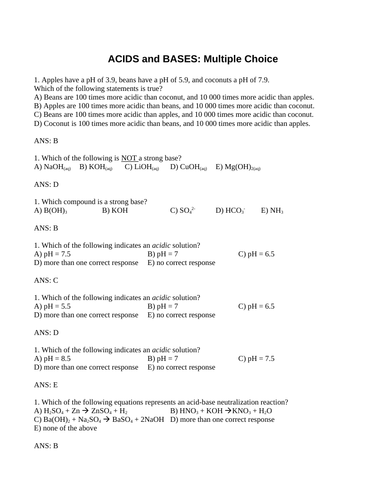 ACIDS AND BASES MULTIPLE CHOICE Grade 11 Chemistry pH Scale ...