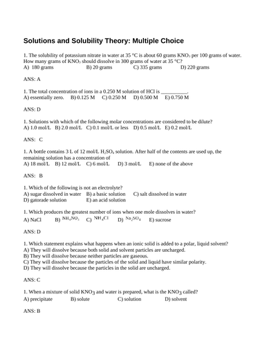 Solutions, Solubility and Rate of Dissolving Multiple Choice Grade 11 ...