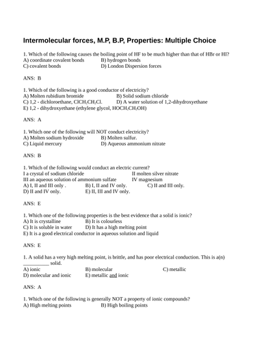 INTERMOLECULAR FORCES Short Answer & Multiple Choice Grade 11 Chemistry ...