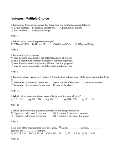 ISOTOPES MULTIPLE CHOICE Grade 11 Chemistry & S.A. Average Atomic Mass ...