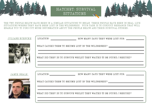 Hatchet by Gary Paulsen Real Survival Situations Worksheet - English ...