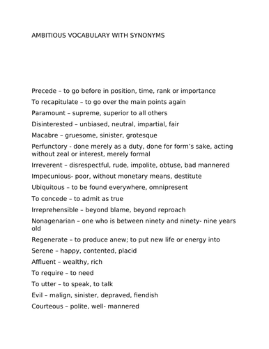 Ambitious vocabulary with synonyms for English Language | Teaching ...