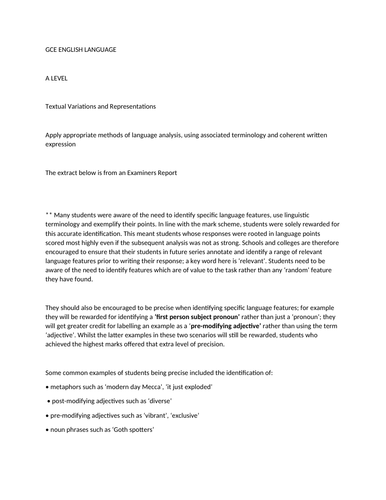 GCE A LEVEL ENGLISH LANGUAGE extract from examiners report -language ...