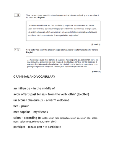 FRENCH GCSE revision sheet -questions extracted from past papers and ...