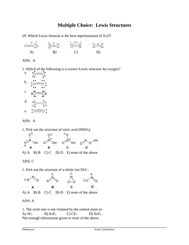 LEWIS STRUCTURES and RESONANCE Multiple Choice Grade 12 Chemistry WITH ...