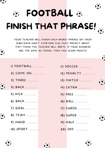 England Football Finish the Phrase Game - Fun Activity / Worksheet ...
