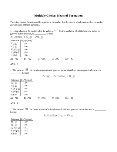ENTHALPY FROM HEATS OF FORMATION Multiple Choice Grade 12 Chemistry ...