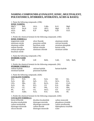 NAMING COMPOUNDS Ionic and Covalent Compounds, Polyatomics Short Answer ...