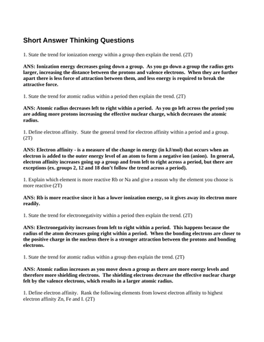 Atomic Radius, Ionization Energy, Electronegativity Short Answer Grade ...