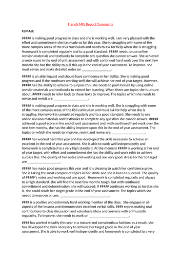 KS3 French (MFL) Pupil Report Comment Bank | Teaching Resources