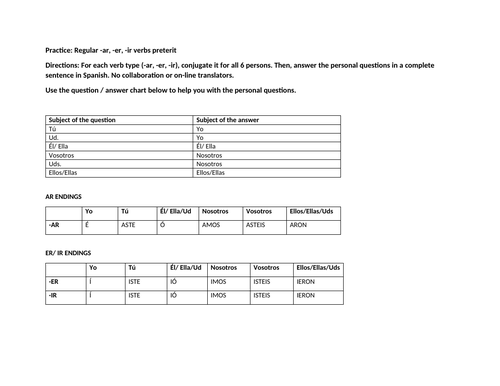 Regular preterit practice packet | Teaching Resources