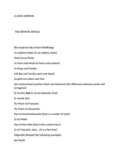 A LEVEL GERMAN - GRAMMAR REVISION THE USE AND THE OMISSION OF THE ...