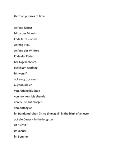 GCSE GERMAN LANGUAGE - phrases of time | Teaching Resources
