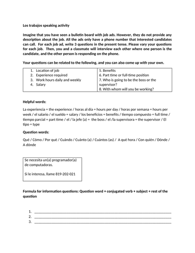 Los trabajos speaking activity | Teaching Resources