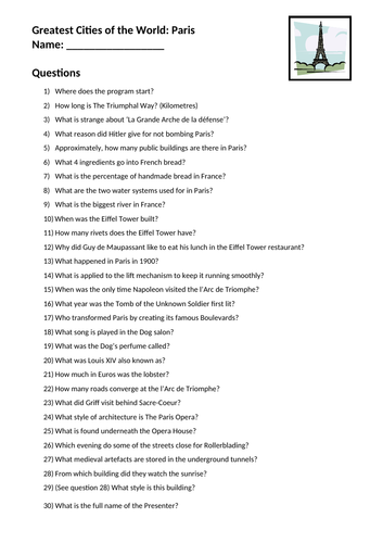 Quiz: Paris, Greatest Cities of the World documentary | Teaching Resources