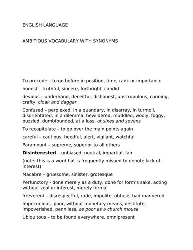 GCSE ENGLISH LANGUAGE AMBITIOUS VOCABULARY WITH SYNONYMS | Teaching ...