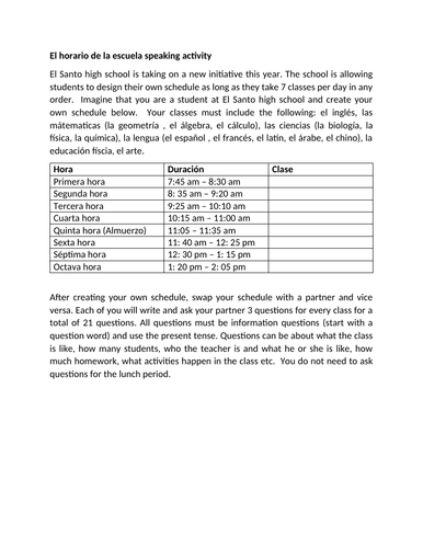 El horario de la escuela speaking activity | Teaching Resources