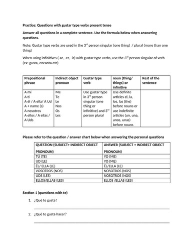 Questions with gustar verbs | Teaching Resources