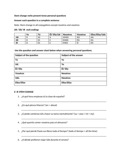 Stem change verbs present tense personal questions | Teaching Resources