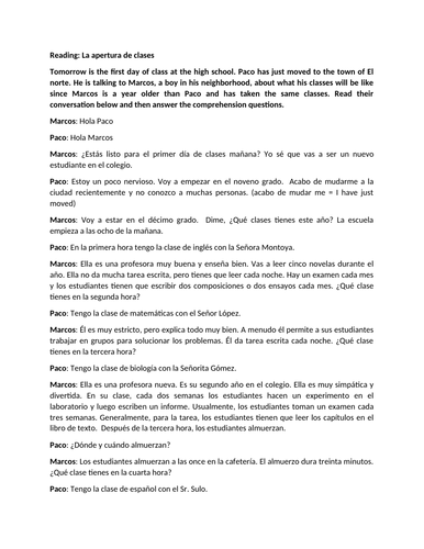 Reading la apertura de clases (School day reading) | Teaching Resources