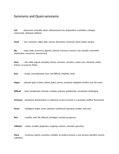 Year 6 SYNONYMS AND QUASI SYNONYMS ENGLISH LANGUAGE | Teaching Resources