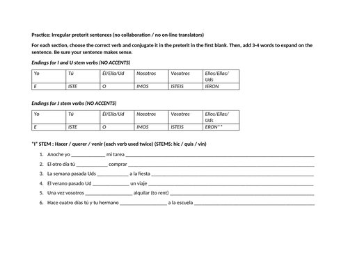 Practice irregular preterit sentences | Teaching Resources