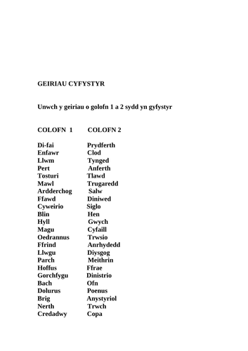 Ehangu geirfa Cymraeg Blwyddyn 4 Ymarfer Dosbarth - geiriau cyfystyr ...