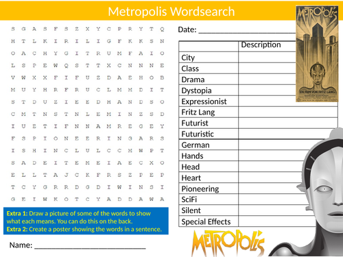 Metropolis Movie Wordsearch Puzzle Sheet Keywords Film Media Studies ...
