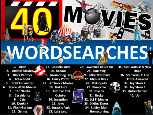 40 x Famous Movies Wordsearch Sheet Starter Activity Keywords Media ...
