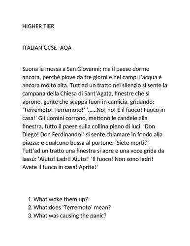 Revision Sheet for Italian GCSE HIGHER TIER - questions from past ...