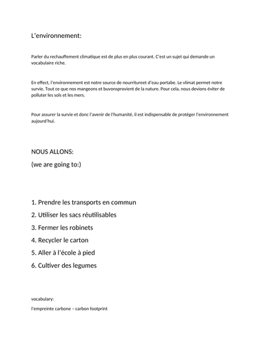 GCSE FRENCH higher tier L'environnement - vocabulary, phrases and ...
