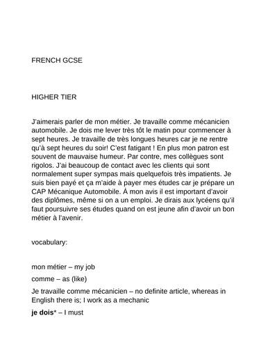 Reading Exercise French GCSE with grammar and vocabulary notes ...