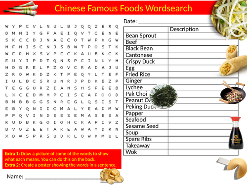 4 x Chinese Cuisine Food Wordsearch Puzzle Sheet Science Health ...