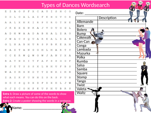 6 x Dances Types of Dance Wordsearch Puzzle Sheet Physical Education ...