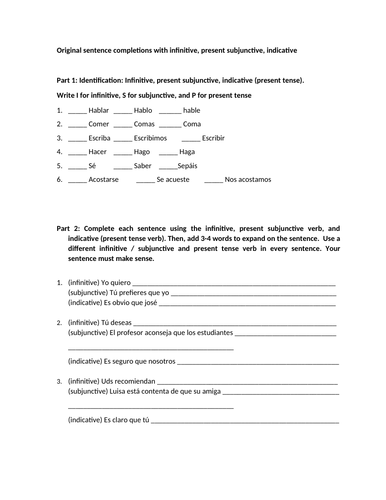 Sentences subjunctive indicative infinitive | Teaching Resources