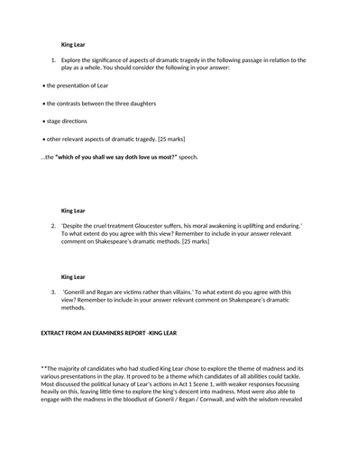 AS / A LEVEL ENGLISH LITERATURE - King Lear - exam questions and ...