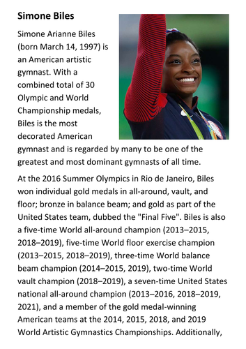 Simone Biles Handout | Teaching Resources
