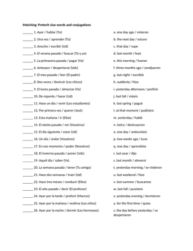 Preterit clue words and conjugations matching practice | Teaching Resources