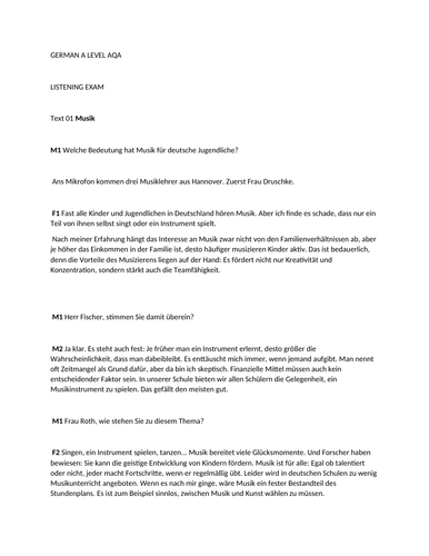 A LEVEL GERMAN transcript listening exam plus vocabulary | Teaching ...