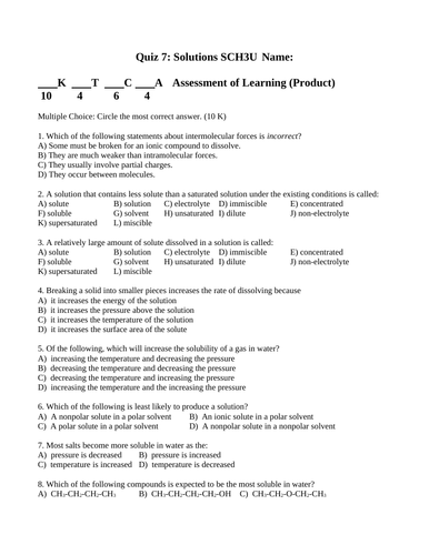 Solutions and Solubility Quiz and Test Package Grade 11 Chemistry #7 ...