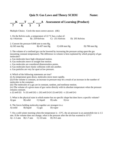 Gases Quiz and Test Package Grade 11 Chemistry #7 | Teaching Resources