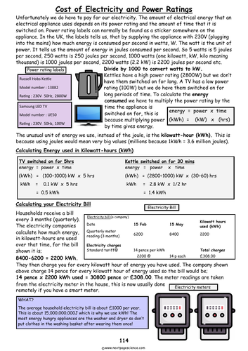 Cost of Electricity and Power Ratings | Teaching Resources