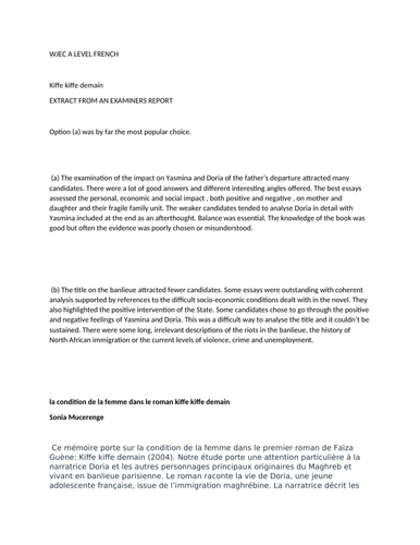 WJEC A LEVEL revision sheet on the film KIFFE KIFFE DEMAIN -extract ...